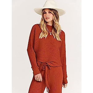 ANRABESS Women's 2 Piece Sweater Lounge Set Creneck Long Sleeve Ribbed Knit Pullover Crop Top and Straight Pants 582shenxiuhong-S Rust