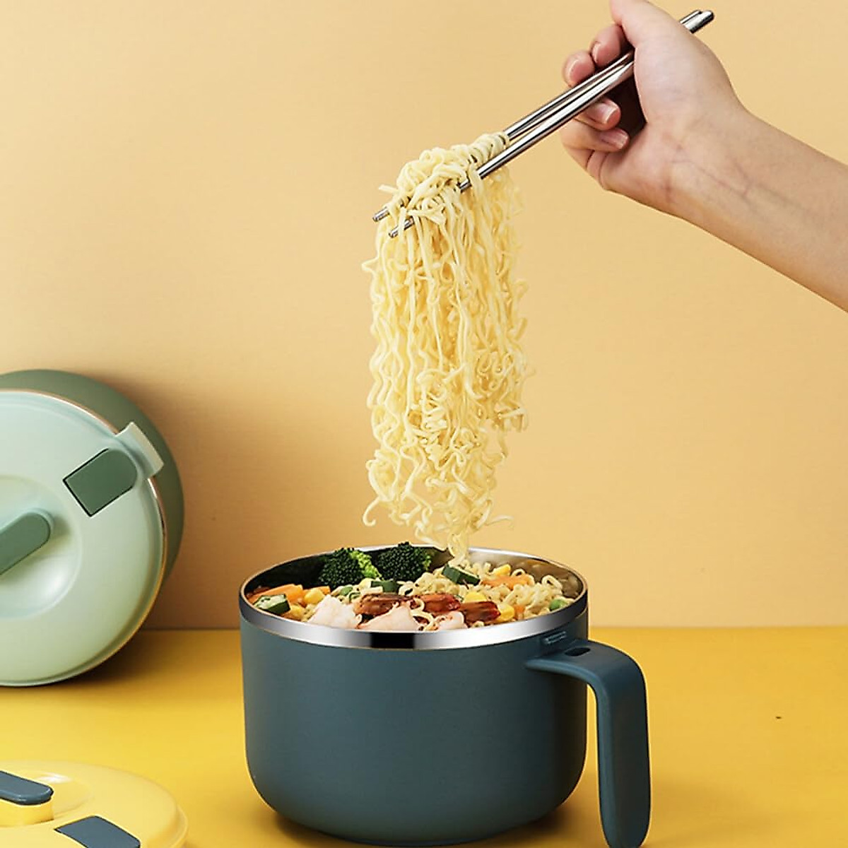 Hemoton 304 Stainless Steel Ramen Bowl With Lid, and Dishwasher Safe Ramen Cooker with Handles, for Home Office College Dorm Room(Yellow & Blue)