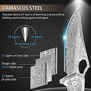 NedFoss Damascus Pocket Knives for Men, Handmade Forged VG10 Damascus Steel Folding Knife with Leather Sheath, Sandalwood Handle, Pocket Clip, Cool Knives Gifts for Men EDC (PTEROSAUR)