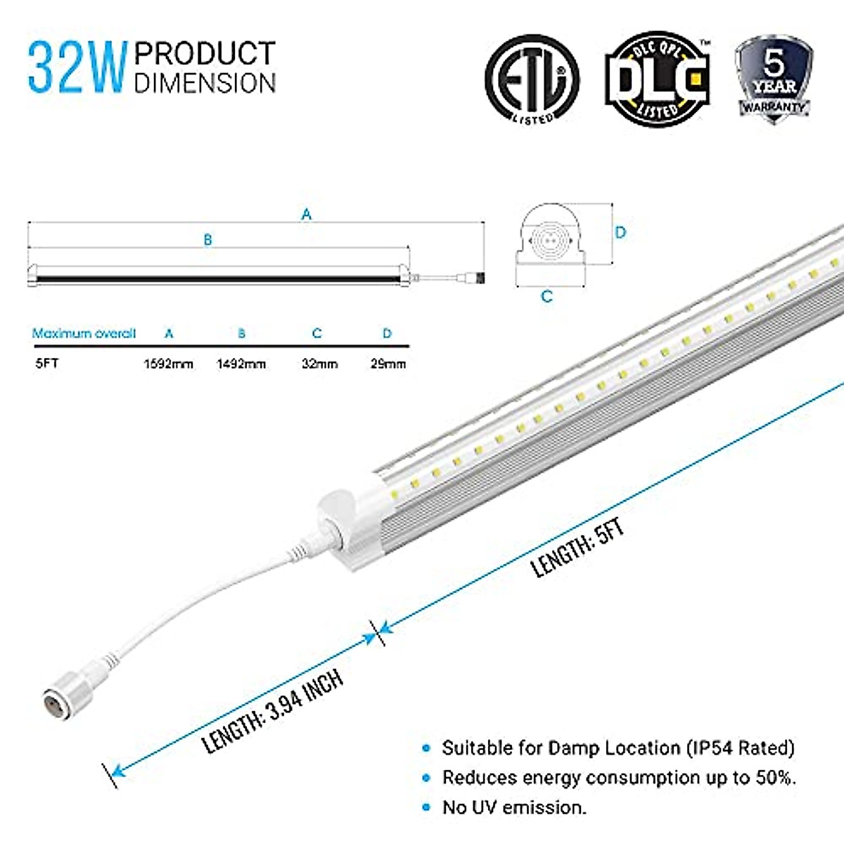 LEDMyplace 32W 5ft LED Freezer/Cooler Tubes T8 V-Shape, 4200 Lumens, 5000k Daylight White, 180° Beam Angle, 100-277V, Tube Lights for Supermarkets Freezer, Grocery Stores, Commercial Freezer Lights