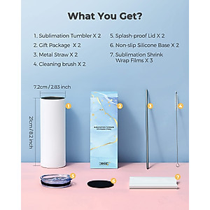 Hiipoo 2 Pack Sublimation Tumblers Bulk 20 oz Skinny, Stainless Steel Double Wall Insulated Straight Sublimation Blanks Tumbler Blank White Cup with Heat Transfer