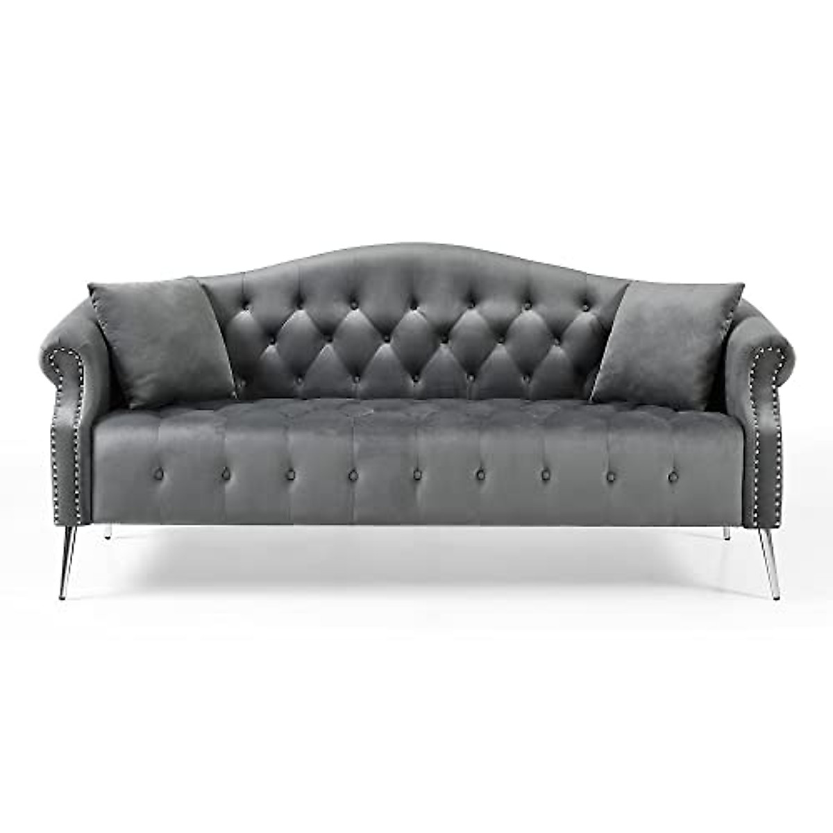 LIADTOP, 78.7" Classic Chesterfield Velvet Sofa Contemporary Upholstered Couch with Button Tufted and Rolled Arms, 2 Pillows Included, 3 Seater,Grey
