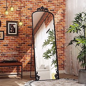 AZODY Arched Mirror Full Length with Stand, 65" x 21" Black Floor Length Mirror with Carved Metal Frame, Full Body Wall Mirror for Home Decor Wedding Entryway Living Room
