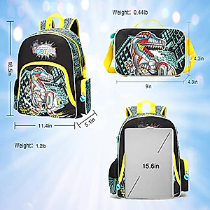 YOJOY Kids Backpack for Boys with Lunch Box Set Elementary School Bags 16 inch Kindergarten Primary Bookbags Football Dinosaur Backpacks (Black Dinosaur Set)