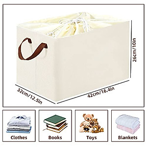 Yawinhe Foldable Storage Basket with Drawstring Cover and 2 Leather Handles, Collapsible Storage Bins, Baskets for Organizing Shelf Nursery Home Closet (Beige, 16.53x12.59x10.23in/4-Pack)