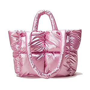 Large Puffer Shoulder Bag, Trendy Luxury Chic Quilted Cotton Padded Tote Bag for women, Winter Soft Puffer Tote Bag Nylon Down Pillow Bag Women's Handbags & Shopper Bag(Z-Shiny_Pink)