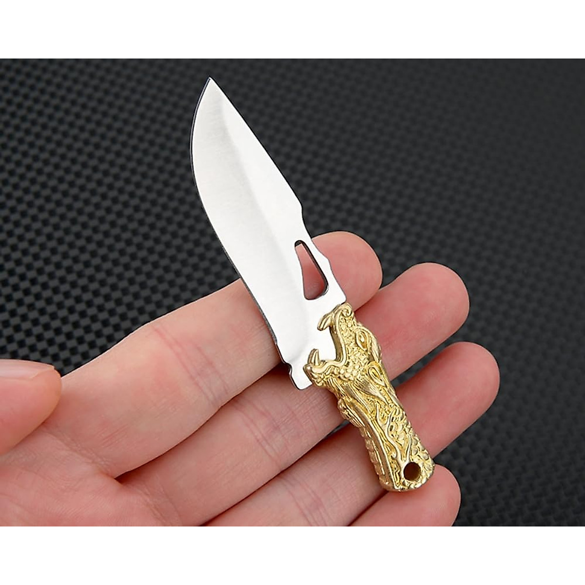 SZHOWORLD Small Fixed Blade Knife, 2 inch 5Cr Steel Blade with Brass Dragon Head Handle, Mini Knife with Leather Sheath for EDC Gift Collection (Style 2)