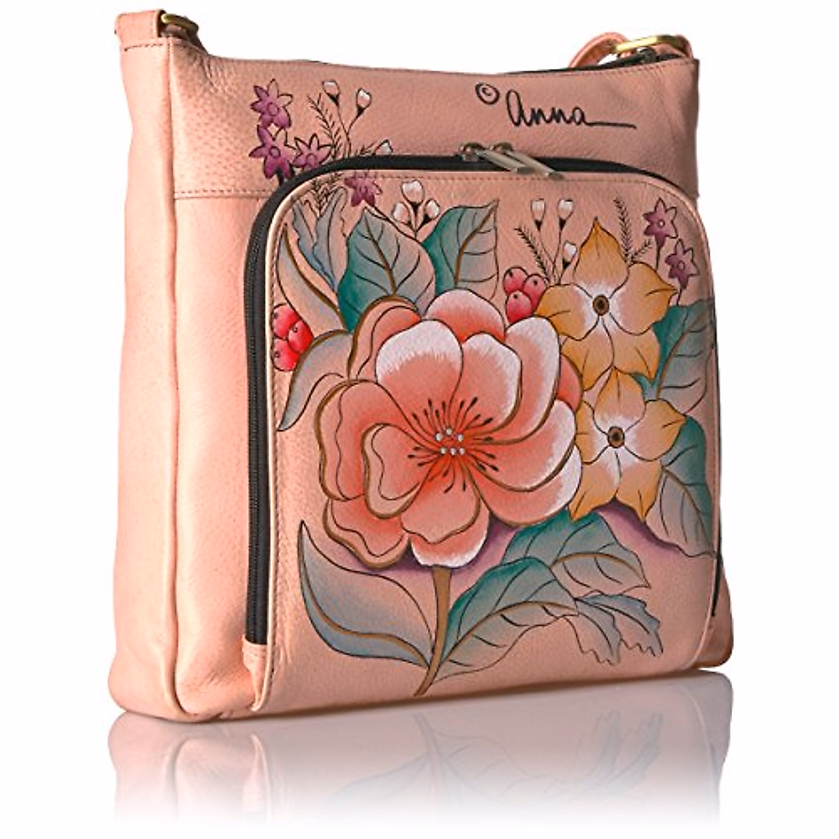 Anna by Anuschka Women's Genuine Leather Medium Triple Pocket Cross Body | Hand Painted Original Artwork | Vintage Garden