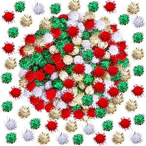 Cooraby 200 Pieces Glitter Christmas Pom Poms Assorted Colors Sparkle Pom Poms Balls for Arts Crafts Supplies (15 mm)