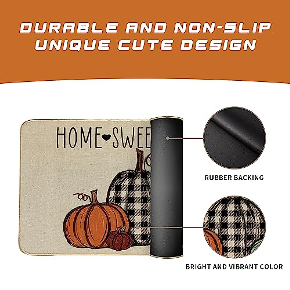 GEEORY Fall Kitchen Mats, Set of 2 Pumpkins Buffalo Plaid Check Floor Mat Farmhouse Party Seasonal Holiday Decorations 17x29 and 17x47 Inch (Black and White) GK067