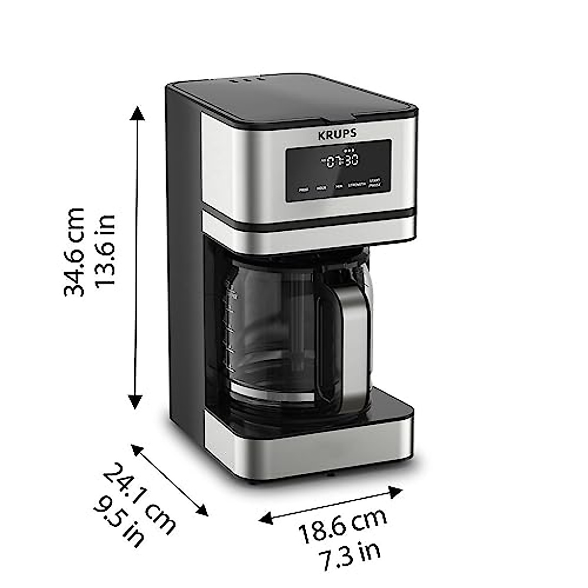 KRUPS Simply Brew Stainless Steel and Glass Carafe Drip Coffee Maker 14 Cup Programmable, Customizable, Digital Display, Warming Function Coffee Filter, Dishwasher Safe, Drip Free Silver and Black