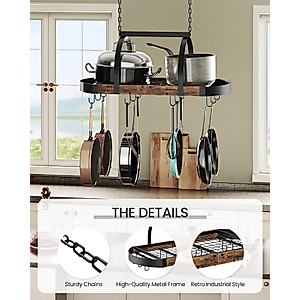 CHOEZON Hanging Pot Rack, Pot Hanger for Kitchen, Ceiling Mounted Pot Holder, Cookware Organizer with 12 S-Shaped Hooks, for Pot, Pan Storage, Space Saver, Rustic Brown and Black TPR08BF