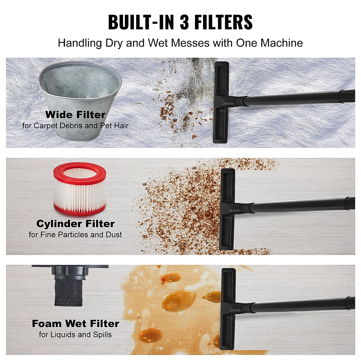 VEVOR Stainless Steel Wet Dry Shop Vacuum, 8 Gallon 6 Peak HP Wet/Dry Vac, Powerful Suction with Blower Function w/Attachment 2-in-1 Crevice Nozzle, Small Shop Vac Perfect for Carpet Debris, Pet Hair