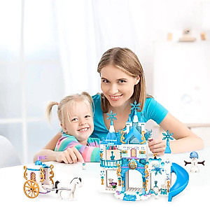 JIMUJIA Girls Building Blocks Toys Princess Castle 377 Pieces Ice and Snow Blue Dream House Construction Toys for Girls Building Bricks Toys for Brithday for Kids 6 Years and Up