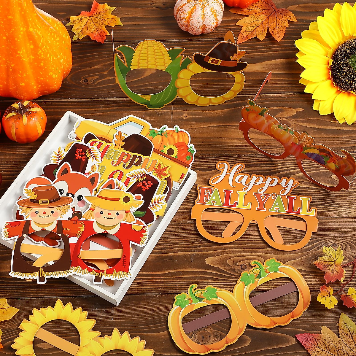 Harrycle 32 Pcs Fall Party Decoration Paper Eyeglasses Autumn Thanksgiving Costume Photo Booth Props Pumpkin Maple Leaf Fall Themed Supplies for Happy Fall Harvest Decorations Thanksgiving Party Favor