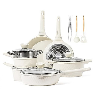 CAROTE 14 Pcs Nonstick Cookware Sets, Pots and Pans Sets Kitchen, Cooking Pots White Induction Non Stick Set w/Frying Pans & Saucepans(PFOS, PFOA Free)