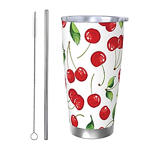CHASOEA Cherry Tumbler 20oz Fruit Stainless Steel Insulated Tumblers with Lid and Straw Fruits Travel Coffee Mug Wine Tea Cups Water Bottle Cherry Gifts for Women