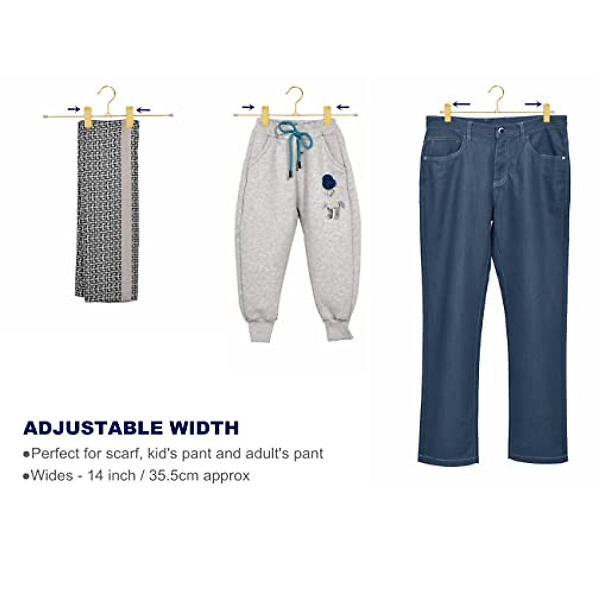 Amber Home Extra Length 14" Shiny Gold Metal Pants Hangers 10 Pack, Adjustable Big Clip Metal Skirt Hangers, Gold Clip Hangers for Jeans Trouser (10 Pack)