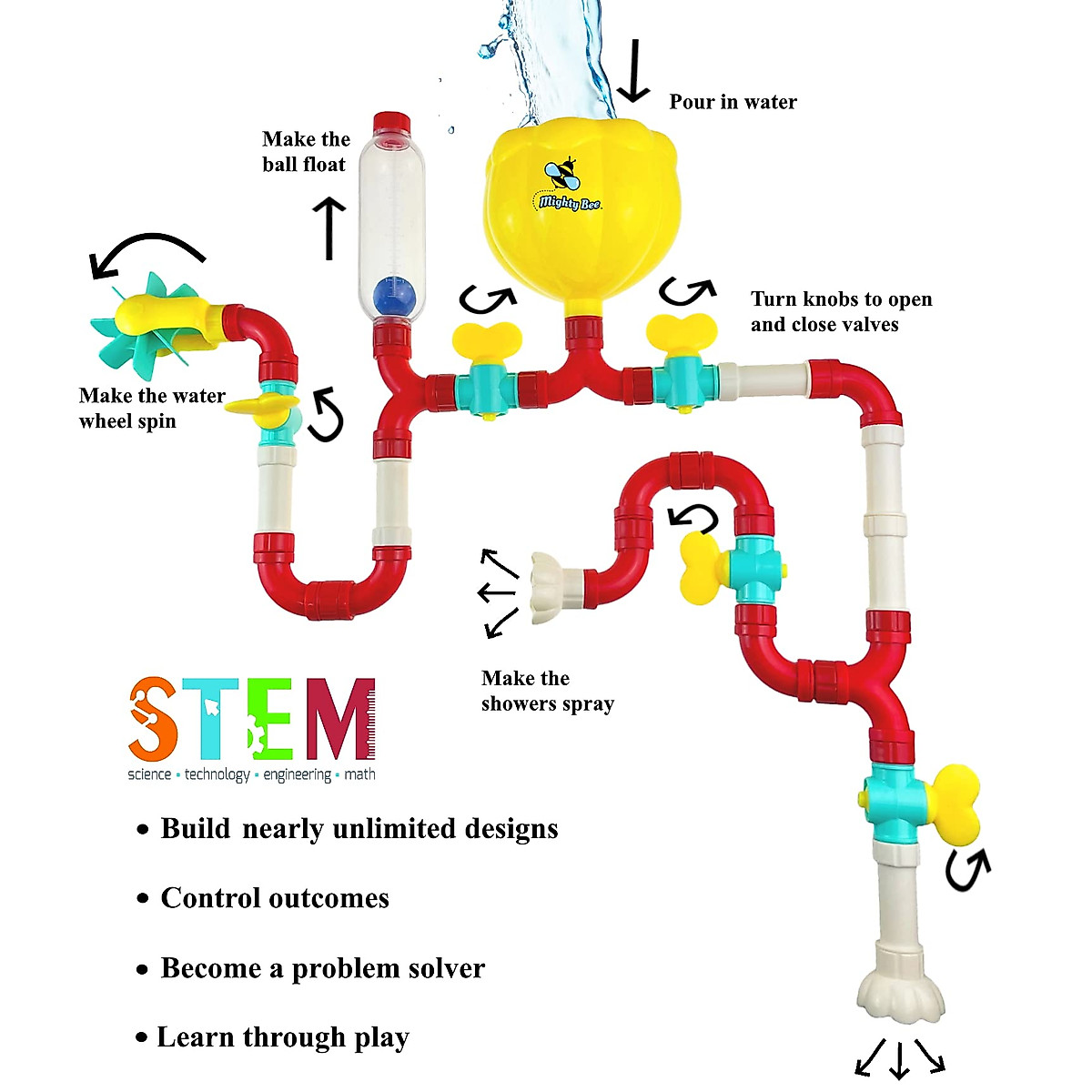 Mighty Bee Bath Toys Expansion Set: Building Toys for Shower or Bath Time. 31 Piece Pipes N Valves Set, Top STEM Learning Toys for Kids Ages 4-8, All the Fun of a Water Table, with Super Suction Cups!