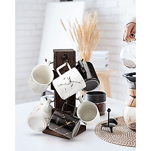 PUERSI Coffee Mug Holder for Counter, Rustic Solid Wood Mug Tree, Farmhouse Wooden Coffee Cup Rack, Distressed Mug Stand with 8 Hooks (Rustic Brown)