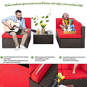 Vongrasig 5 Piece Furniture, Small All-Weather Brown PE Wicker Outdoor Couch Sectional Patio Conversation Set Garden Patio Sofa w/Ottoman, Glass Table, Red