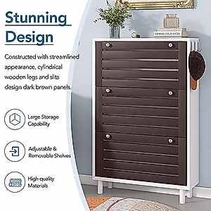 Narrow Shoe Cabinet with 3 Flip Drawers for 24 Pairs Shoes, Natural Wood Top Entryway Organizer with 3 Hooks, Free Standing Shoe Rack with Adjustable Panel for Hallway, 31.5''x9.4''x47.6'',White&Brown