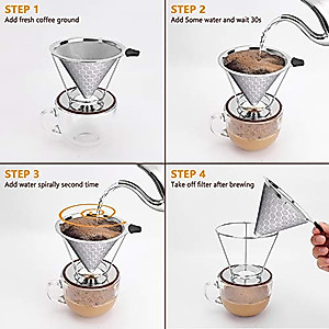 Pour Over Coffee Maker, Stainless Steel Reusable Coffee Filter, Paperless Manual Coffee Cone Filter, Pour Over Coffee Dripper for (1-4 Cup), Fine Mesh Coffee Strainer with Stand and Bonus Brush (1)