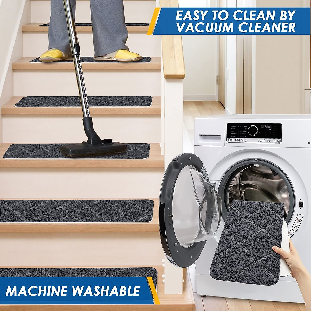 RIOLAND Stair Treads Carpet Non-Slip Indoor 15 PCS Wood Stair Treads Rugs Anti Moving Modern Stair Runners Safety for Kids Dogs, 8" X 30", Diamond Gray