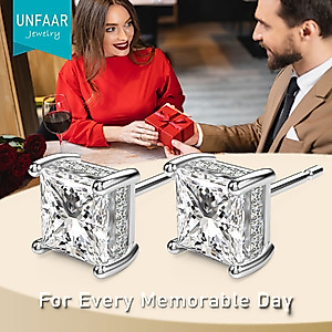UNFAAR 18K White Gold Plated Sterling Silver Princess Cut Cubic Zirconia Stud Earrings Square CZ Diamond Stud Earrings for Women Men Hypoallergenic (6MM, Clear)