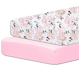 Pack N Play Sheets, 2 Pack Mini Crib Sheets Fits Standard Size 38" X 26" Playard Mattress, Soft and Stretchy, Playard Fitted Sheet, Pink Floral & Solid Pink