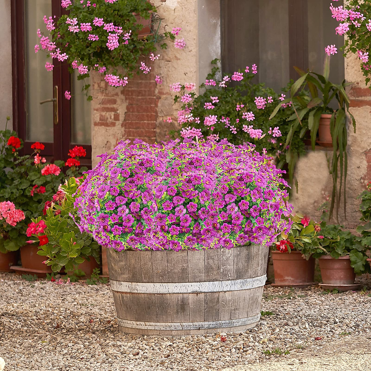 Tepaler Artificial Flowers 6 Bundles Outdoor UV Resistant Fake Flowers No Fade Faux Plastic Greenery Shrubs Home Garden Porch Window Box Decorating (Purple)