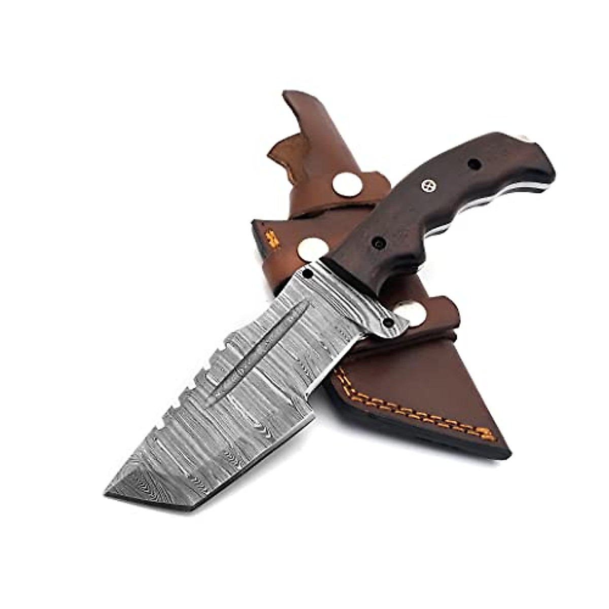Handmade Damascus Tracker Knife 10 Inches Fixed blade hunting knife with Horizontal carry leather sheath Damascus steel fixed blade for hunting camping Skinning survival, rosewood handle.