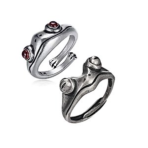 COLORFUL BLING 2 Pcs Frog Open Adjustable Couples Rings Cute Animal Vintage Siver Frog Ring Neutral Red Garnet Finger Jewelry Party Lover Gift Couple Valentine Gift for Women Men