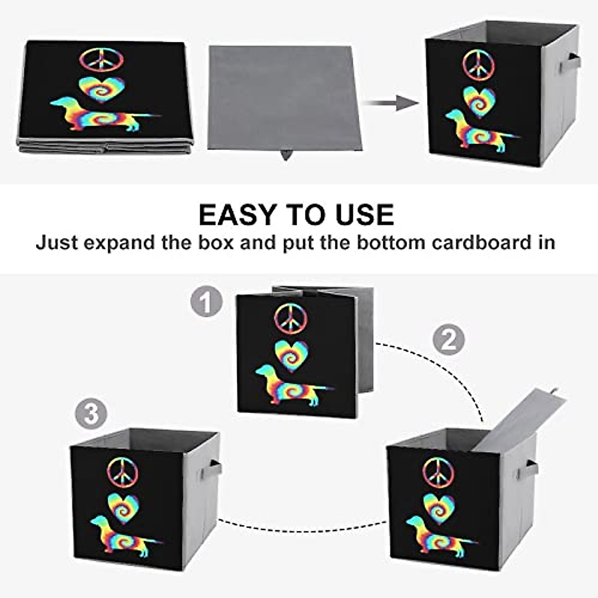 Peace Love Dachshunds Tie Dye PU Leather Collapsible Storage Bins Canvas Cube Organizer Basket with Handles