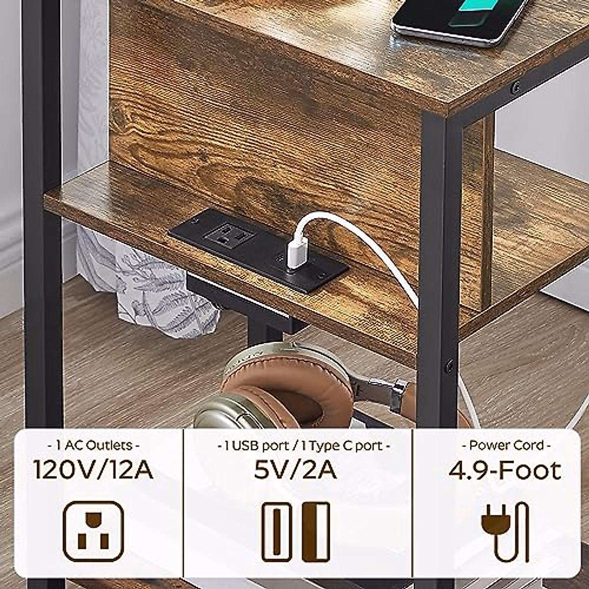 YATINEY Nightstands Set of 2, End Tables with Charging Station and Type C, Side Table with Open Storage Shelf, Bedside Table for Small Spaces, Rustic Brown and Black ET58L2BR