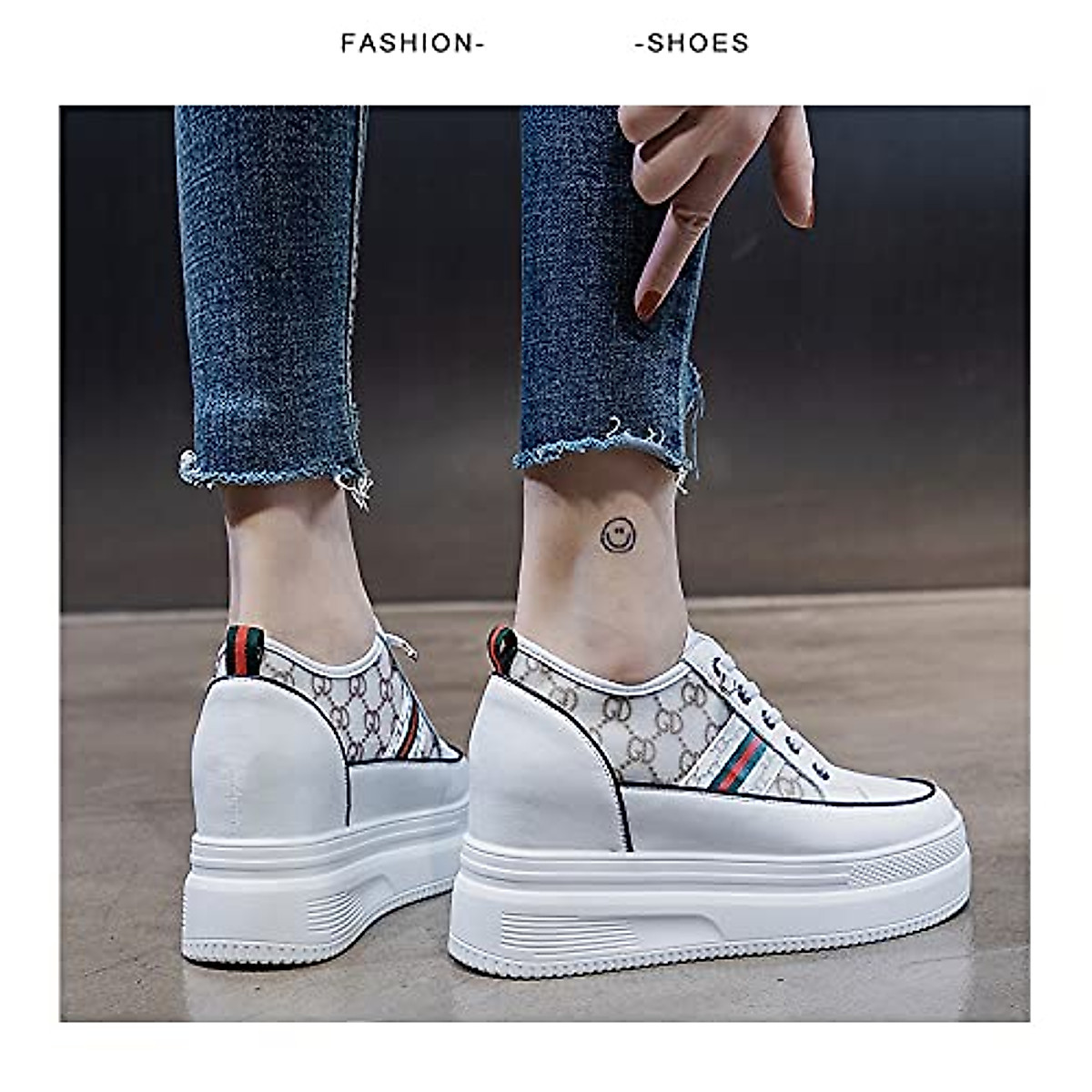 Women's Heighten Sneakers Breathable Mesh White Walking Shoes Outdoor Casual Footwear Thick-Sole（3.4 inch）