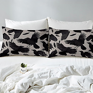 Feelyou Kids Raven Full Size Bedding Set Black Feathers Bird Themed Comforter Cover Set for Girl Boys Gothic Art Duvet Cover All Season Home Decor,1 Duvet Cover with 2 Pillow Shams