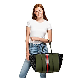 Haute Shore - Greyson Avenue Neoprene Tote Bag w/Zipper Wristlet Inside, Army W/Black & Red Stripe
