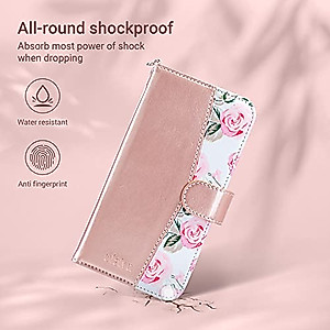 ULAK Compatible with iPhone 12 Wallet Case for Women, Premium PU Leather iPhone 12 Pro Flip Cover with Card Holder, Wrist Strap, Kickstand Shockproof Phone Case for iPhone 12/12 Pro 6.1, Rose Flower