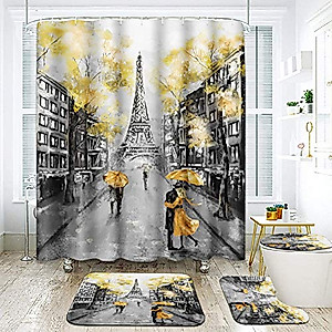 ArtSocket 4 Pcs Shower Curtain Set Oil Painting Paris European City Landscape Yellow Modern Vintage Black with Non-Slip Rugs Toilet Lid Cover and Bath Mat Bathroom Decor Set 72" x 72"