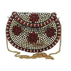 Trend Overseas Multicolor Acrylic Stone Golden metal Bead Clutch Girls Bridal Bag for women/Girl party clutch, Acrylic Red