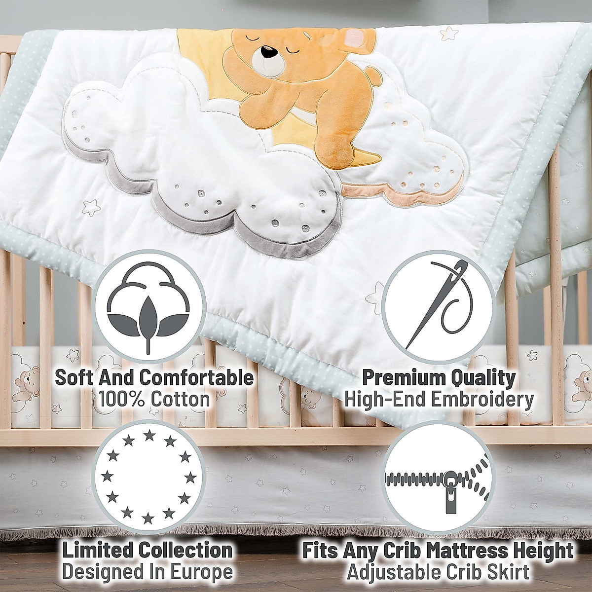 Mama Ana - Premium Quality 100% Cotton Crib Bedding Set for Baby Boys and Girls, 3-Piece Nursery Including Baby Comforter, Fitted Crib Sheet, and Adjustable Crib Skirt with Zipper