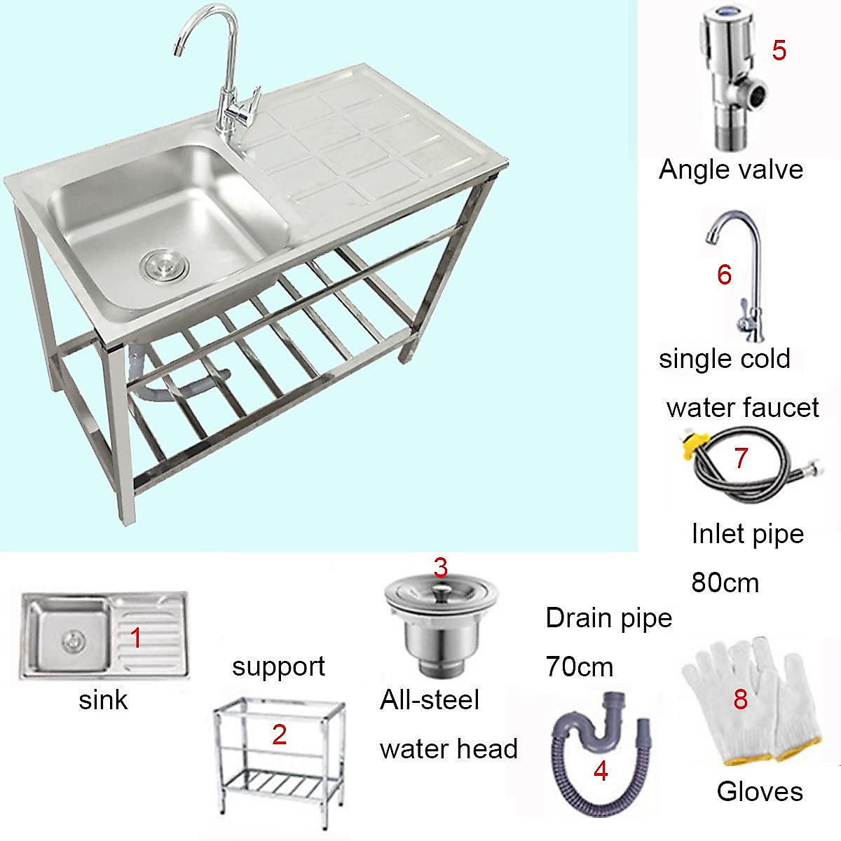 ENLLY Commercial Kitchen Sink, 29.5" L × 15.7" W × 30" H Single Bowl Stainless Steel Sink Utility Prep Washing Hand Basin for Yard Office Laundry Camping Restaurant, 1 Compartment