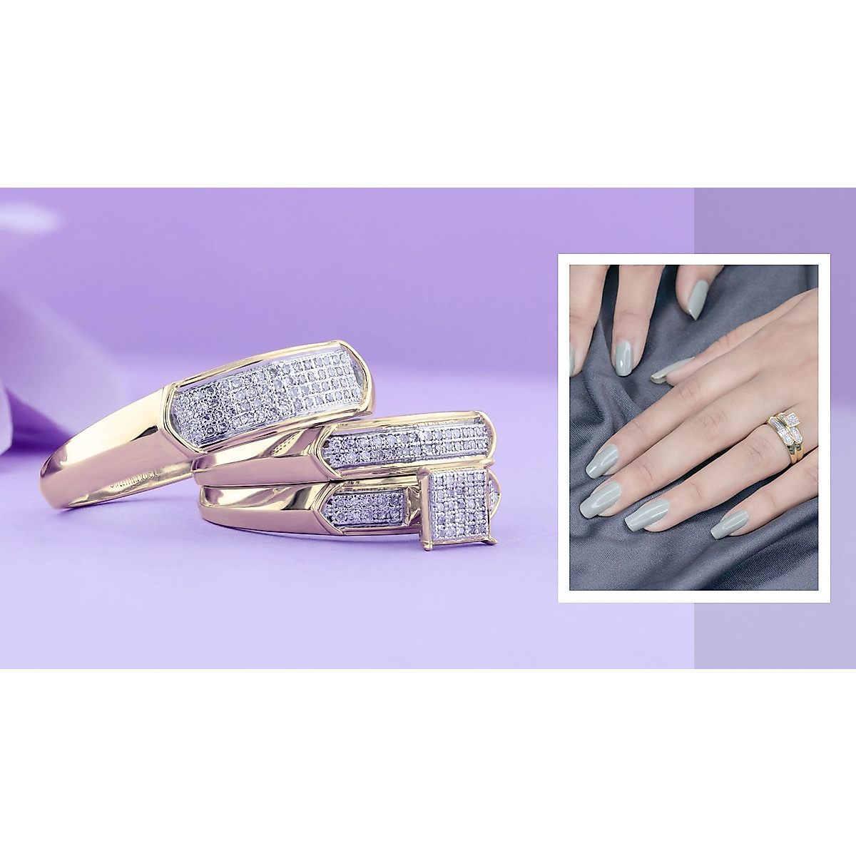 Dazzlingrock Collection 0.30 Carat Round White Diamond Square Micro Pave Wedding Trio Ring Set in 18K Yellow Gold Plated Sterling Silver, Women size 7 and Men size 10