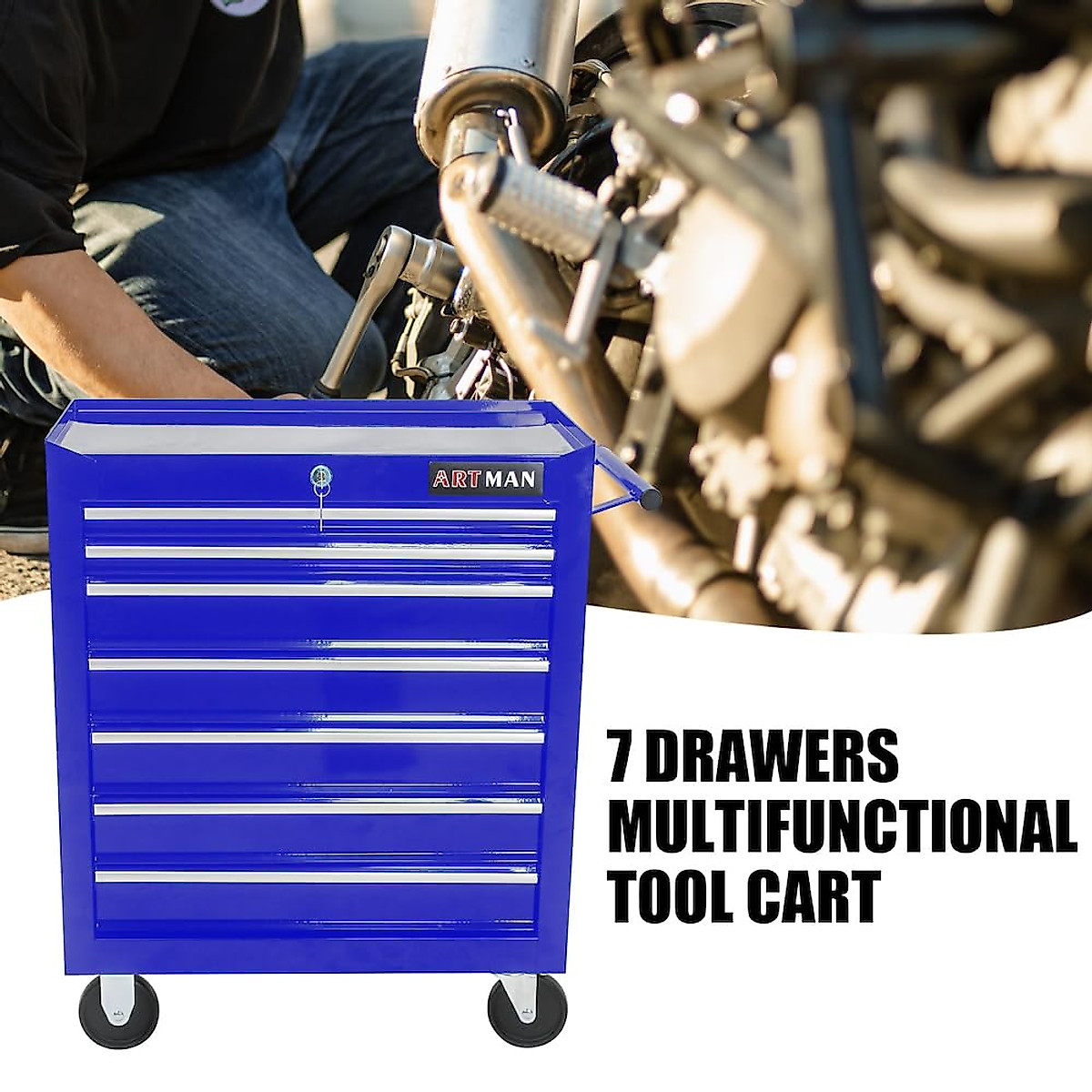 Rolling Tool Cart with Drawers and Wheels Mechanics Tool Cabinet Heavy Duty Lockable Tool Chest Multifunctional Tool Cart (7 Drawers, Blue)