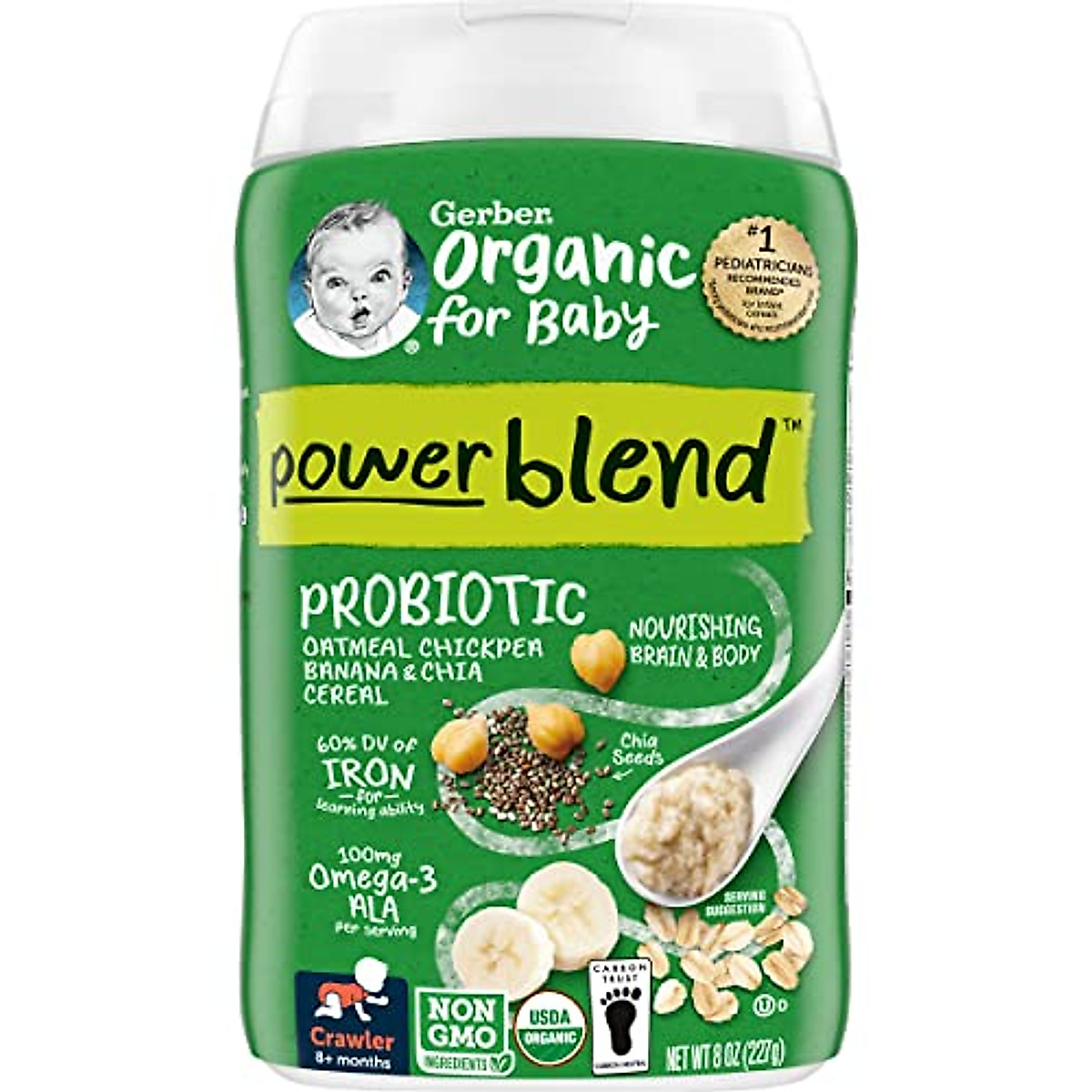 Gerber Organic for Baby Power Blend Probiotic Cereal, Oatmeal Chickpea Banana & Chia Cereal, Organic & Non-GMO Baby Cereal, 8-Ounce Canister (Pack of 3)