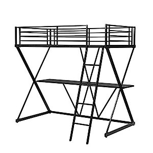 Twin Loft Bed with Desk, Loft Bed with Ladder and Full-Length Guardrails, X-Shaped Frame,Maximum Weight of 220 lb， Black（New）