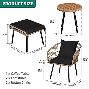 YITAHOME 5-Piece Outdoor Wicker Furniture Set, All-Weather Patio Bistro Set with Footrest, Small Patio Conversation Set for Balcony Outside, Outdoor Chairs with Ottomans and Coffee Table - Black