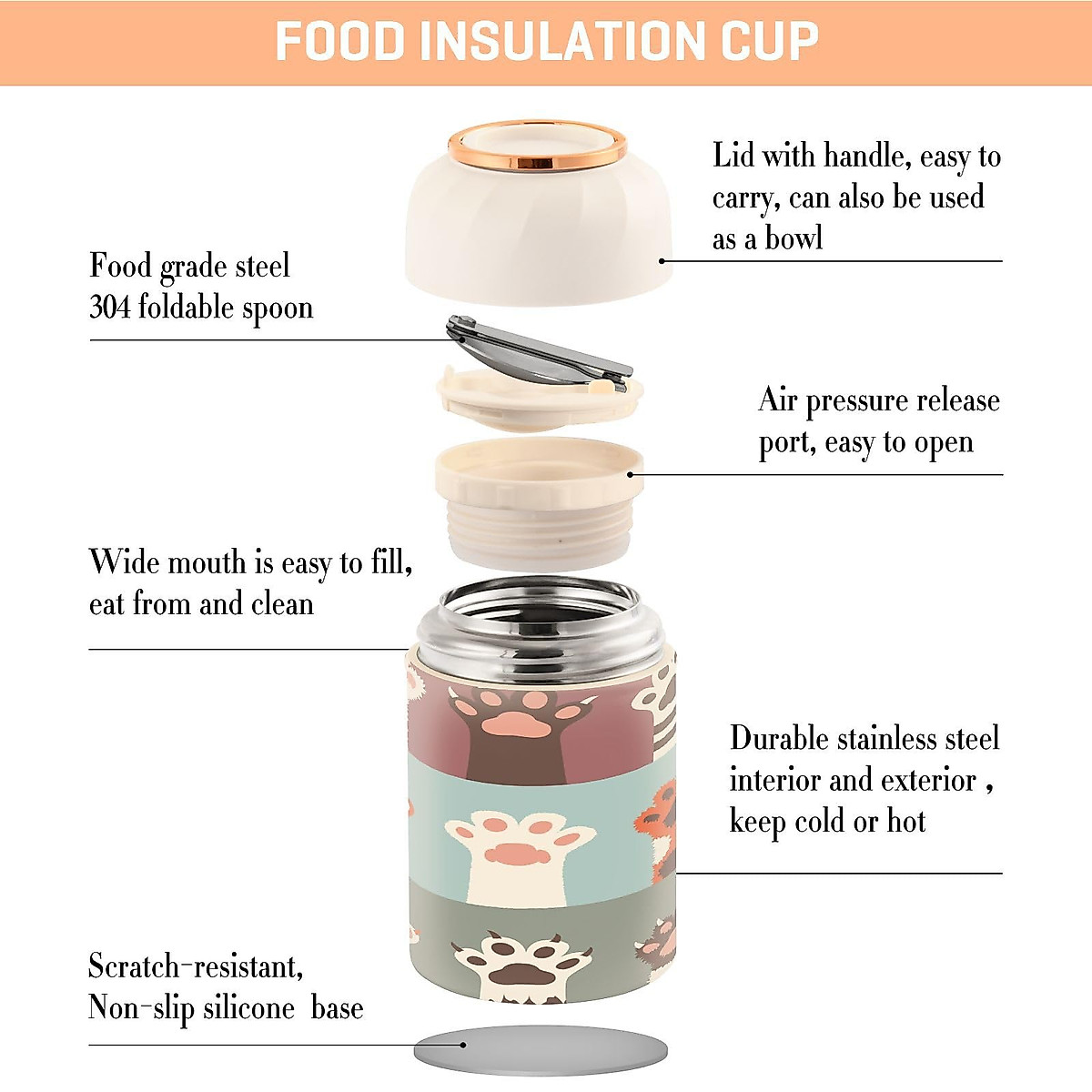 CUPADA Cute Cats Paws Food Jar for Hot and Cold, Funny Insulated Food Jars Vacuum 17OZ with Folding Spoon for Work Trip Picnic Camping