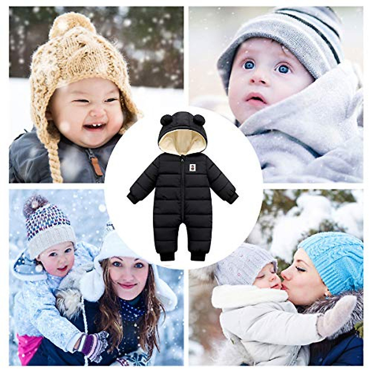 Happy Cherry Baby Infant Down Jumpsuit One Piece Windproof Jacket Hooded Zipper Romper Winter Puffer Snowsuit Soft One Piece Warm Coat for Boys Girls Black 12-18 Months